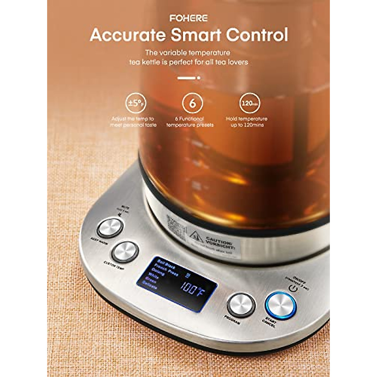 Electric Kettle with Temperature Control and Tea Infuser, FOHERE 1.7L Electric Tea Kettle, Glass and Stainless Steel Hot Tea Water Kettle, 2Hr Keep Warm, 6 Presets for Herbal, Green, Coffee, Black