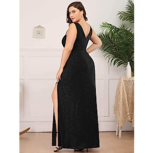 Ever-Pretty Plus Women's V-Neck Glitter Dress Side Split Plus Size Evening Dress Black US14