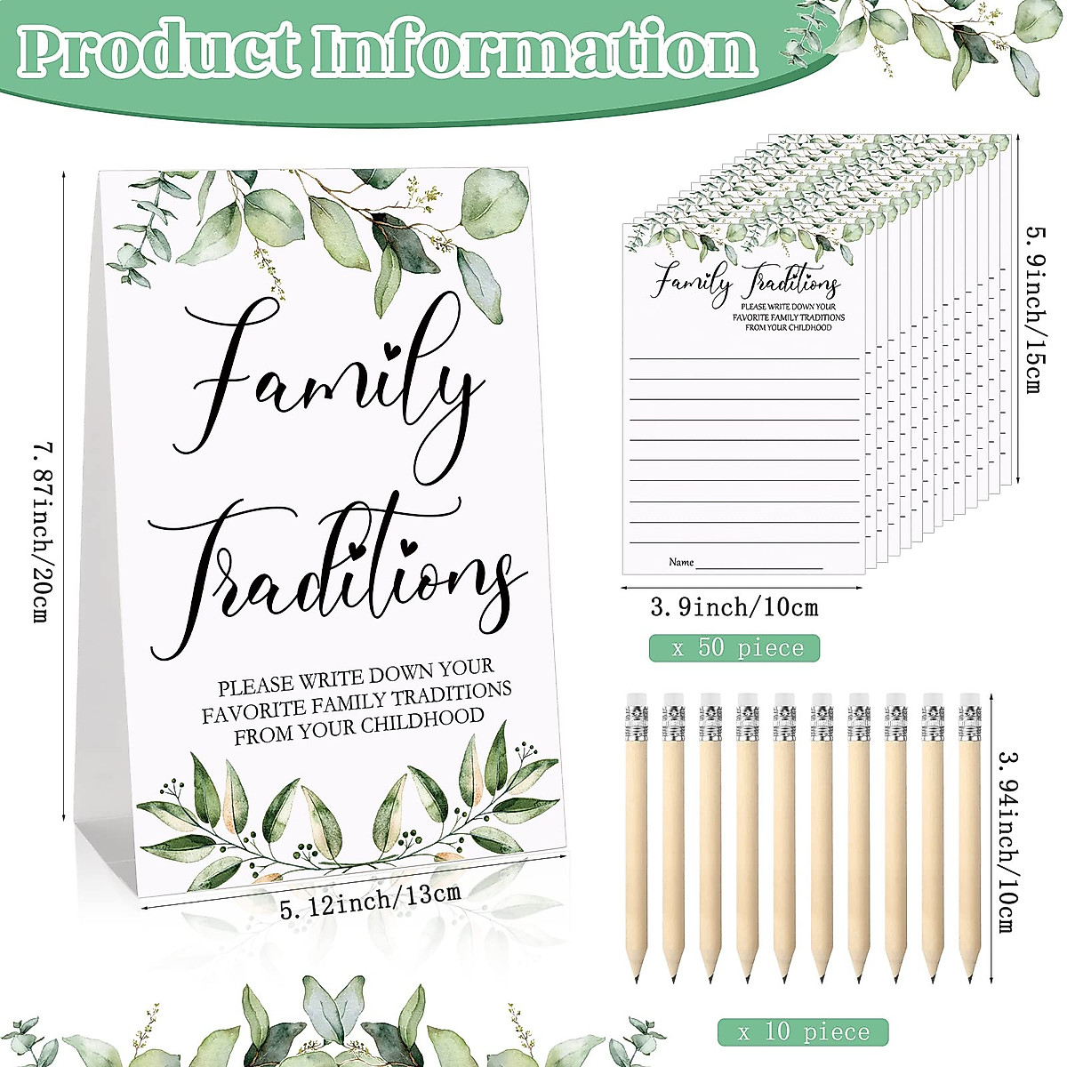 Fumete 61 Pieces Baby Shower Games Include Family Traditions Sign and 50 Baby Shower Family Traditions Cards with 10 Pencils for Baby Shower Party Decor (Greenery)