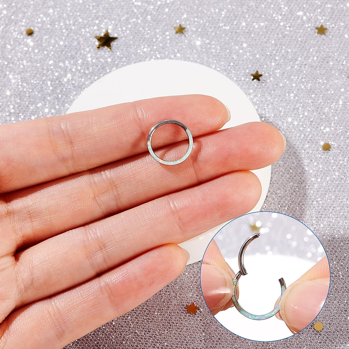 Longbeauty 16G CZ Opal Hinged Segment Nose Rings Hoop 316L Surgical Steel Helix Cartilage Tragus Earrings Septum Clicker Ring 8mm 10mm