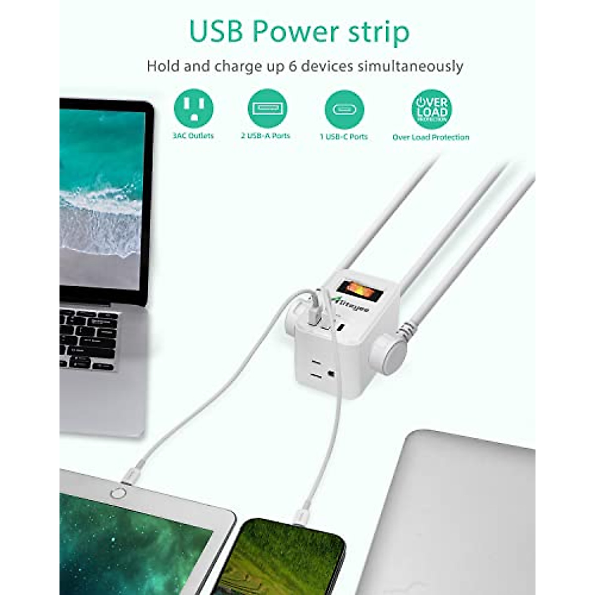 Alitayee Travel Power Strip, Portable Power Strips with 3 Outlets 3 USB Ports 15.5W Fast Charging and 6 ft Flat Plug Extension Cord No Surge Protector for Cruise Travel Hotel College Dorm Home Office