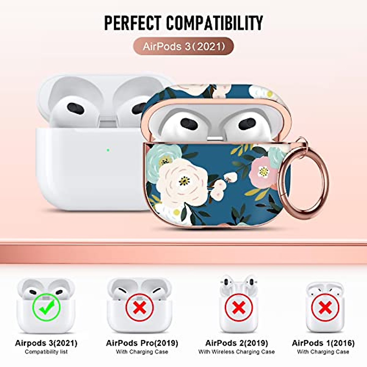 Youskin Airpod 3rd Generation Case Flower Cute,AirPod 3 Case Cover, Rose Golden Plating Airpods 3 Case for Men Women with Keychain，Shockproof Protective Case for AirPod 3，Blue Red Flower