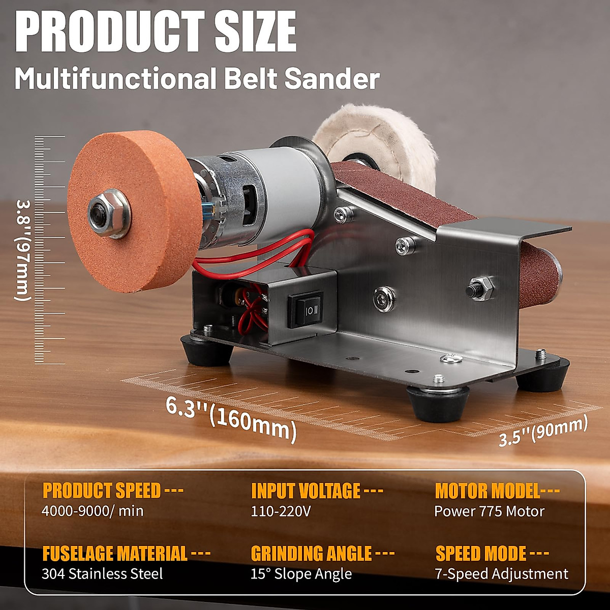 Junchamp Mini Belt Sander - 15 Degree Knife Sharpener Electric Bench Grinder Sanding Machine, 7 Adjustable Speed Buffer Polisher for Metal Working, Knife Making and DIY Woodworking