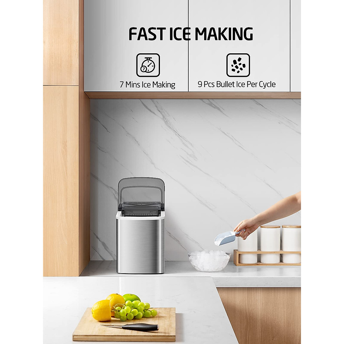 Ice Maker Machine for Countertop, 9 Ice Cubes Ready in 6 Minutes, 26lbs in 24Hrs Portable Ice Maker Machine Self-Cleaning, 2 Sizes of Bullet-Shaped Ice for Home Kitchen Office Bar Party