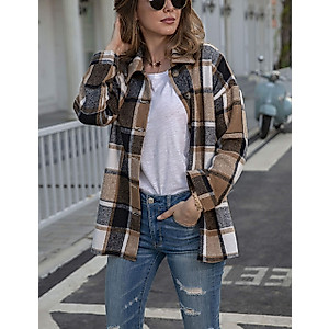 Yeokou Women's Fall Color Block Plaid Flannel Shacket Jacket Button Down Shirt Coat Tops(Khaki-S)