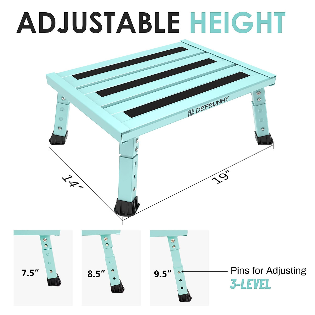 DEPSUNNY Adjustable Height Aluminum RV Step, Stable Foldable Platform Step Stool, Supports Up to 1,000 lb, Non-Slip Rubber Feet and Platform Mat, Easy to Carry (Green)