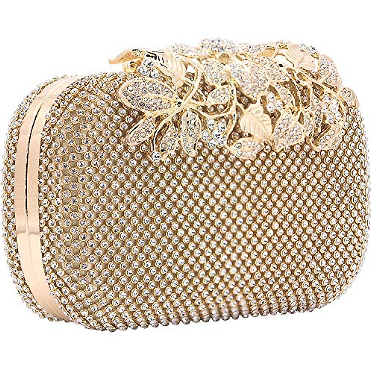 Dexmay Luxury Flower Women Clutch Purse Rhinestone Crystal Evening Bag for Wedding Party Gold