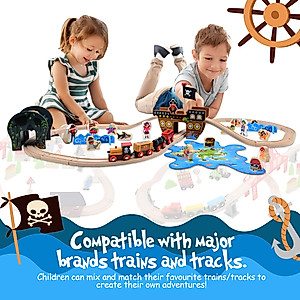 Pidoko Kids Pirate Theme Wooden Train Set - 72 Pcs - Includes Magnet Fishing Poles - Set compatible with all major brand tracks and trains