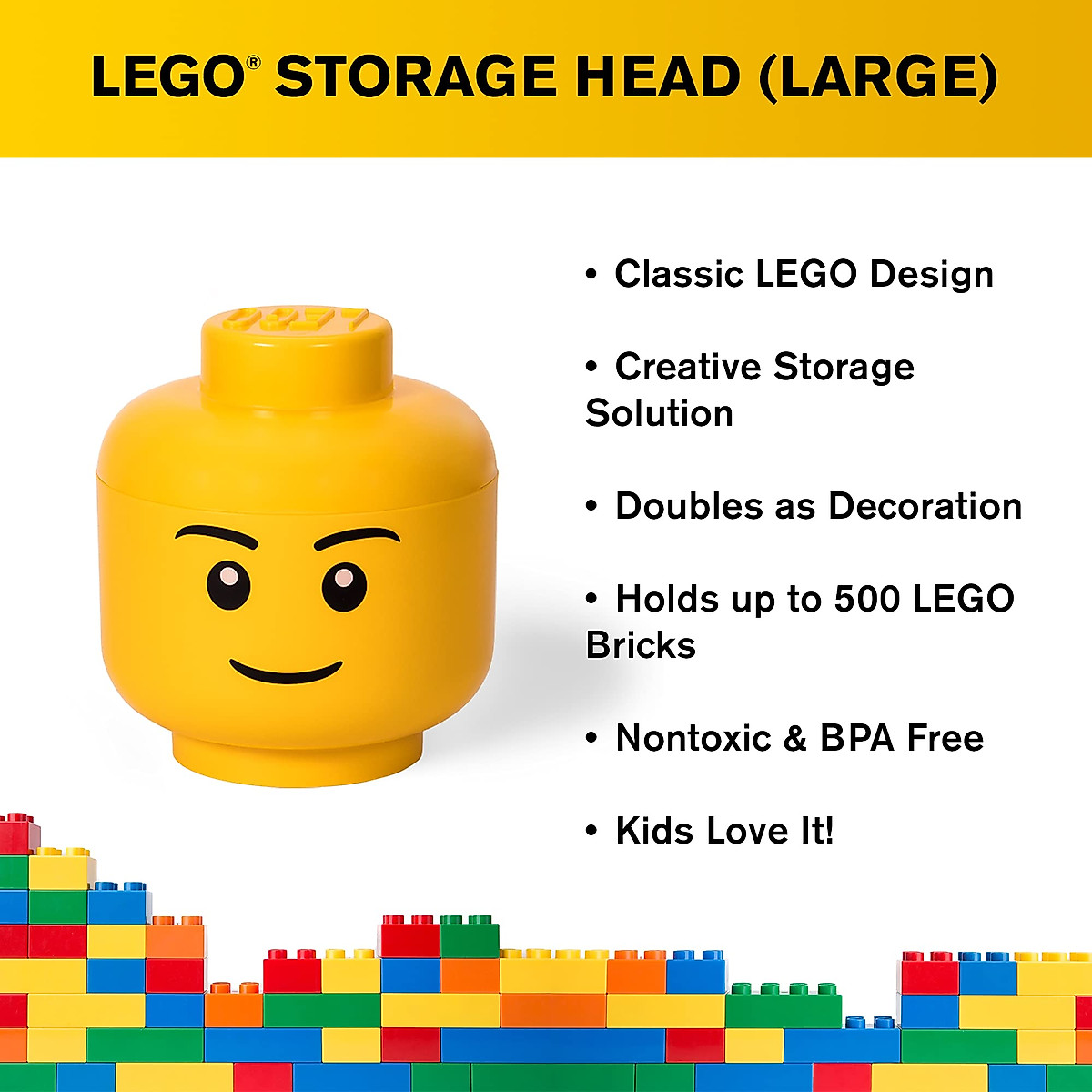 Room Copenhagen Lego Storage Head, Large, Boy, 9-1/2 x 9-1/2 x 10-3/4 Inches, Yellow (4032)
