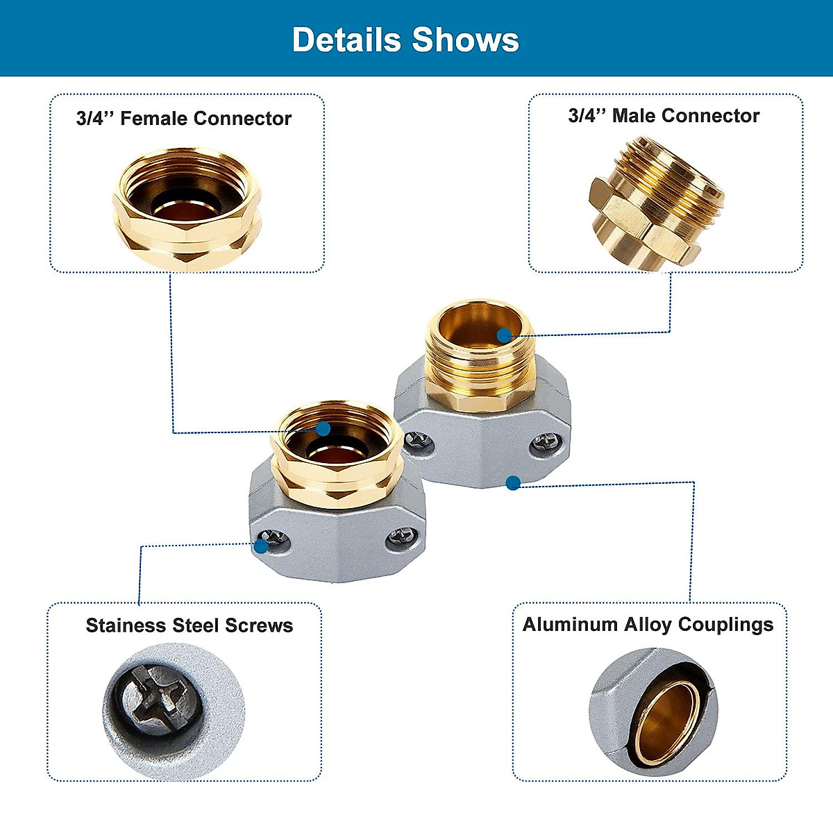FINEST+ (4 Sets) Garden Hose Repair Connector Fitting, Aluminum Female and Male With Zinc Clamp Water Hose End Repair Connector Fit 3/4 Inch or 5/8 Inch Garden Hose