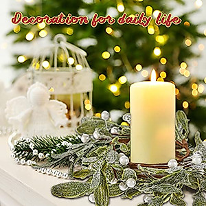 5 Pieces Pillar Candle Rings Wreaths Artificial Mistletoe Wreaths with Pearl Accents Country Primitive Candle Lambs Ear Wreath for Wedding Table Party Home Decor, 3.1 Inch Inner Diameter