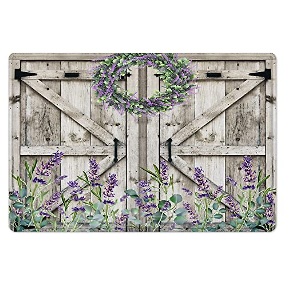 LB Western Barn Door Shower Curtain Sets with Rugs Purple Lavender and Green Eucalyptus Wreath Fabric Shower Curtain with Hooks Rustic Wood Board Bathroom Curtains Shower Set, 72x72 inches