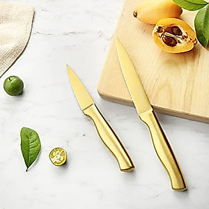Knife Set-Marco Almond® MA21 Luxury Golden Kitchen Knife Set, Titanium Coated 14 Pieces Stainless Steel Hollow Handle Gold Kitchen Knife Set with Block by White Wash Finish Wood