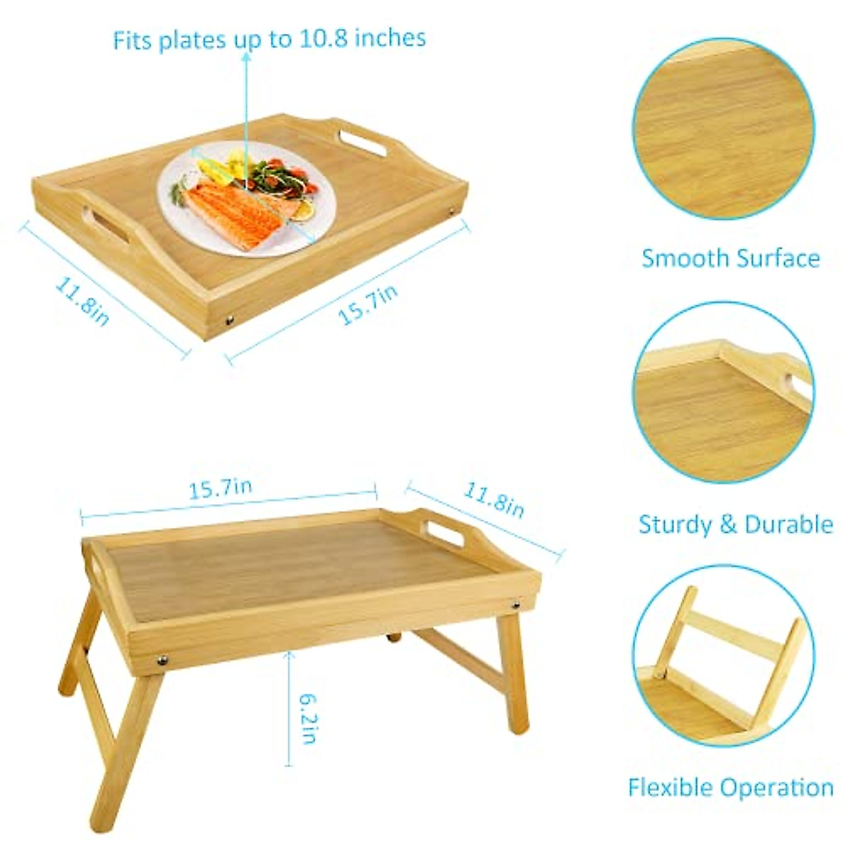 Bed Tray Table with Folding Legs, Bamboo Breakfast Food Lap Tray for Eating, Bed, Sofa, Working, Drawing, Kitchen Platters Desk Foldable Serving Bed Tray with Handles Laptop Computer Snack Tray Table