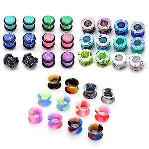 PiercingJ 36pcs Candy Colors Spots Acrylic Ear Stretching Plugs Kit and Double-flared Thin Silicone Saddle Tunnels Set