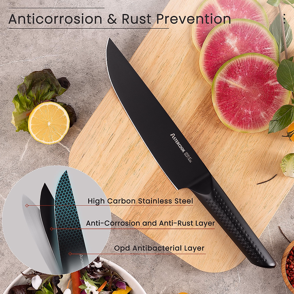 Astercook Knife Set, 21 Pieces Chef Knives Set with Block for Kitchen, German Stainless Steel Handle One-Piece Design Knife Block Sets, Dishwasher Safe, Black