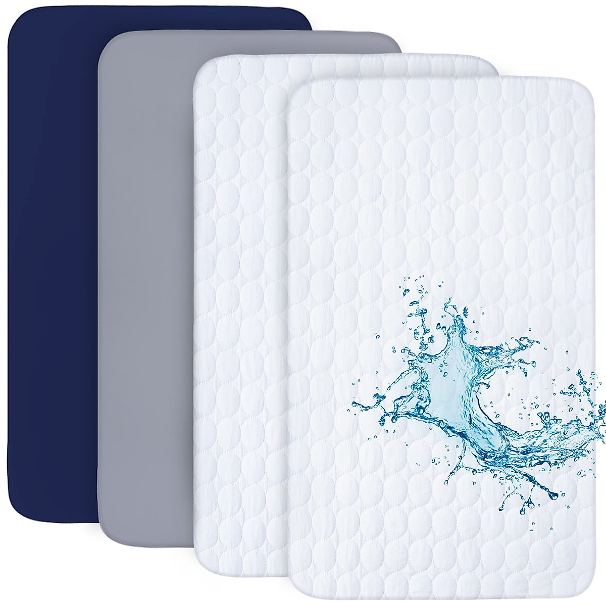 Crib Sheets and Waterproof Crib Mattress Protector 4 Pack Set,Waterproof Crib Sheets Mattress Pad Cover for Baby Boys and Girls, Grey&Navy