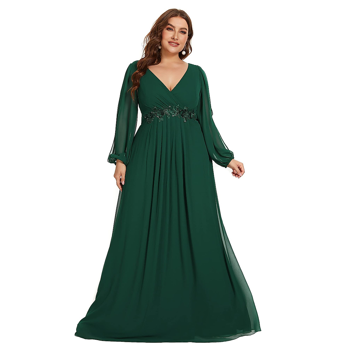 Ever-Pretty Plus Womens Floor-Length Plus Size A-line Ruched Dance Dress with Sleeves Green US18