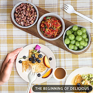 Artena 12 oz Solid Ceramic Chip and Dip Serving Set with Acacia Wooden Tray, 5-inch Grey Dipping Bowls, Small Serving Bowls for Side Dishes, Salsa, Appetizer, Serving Dishes for Entertaining