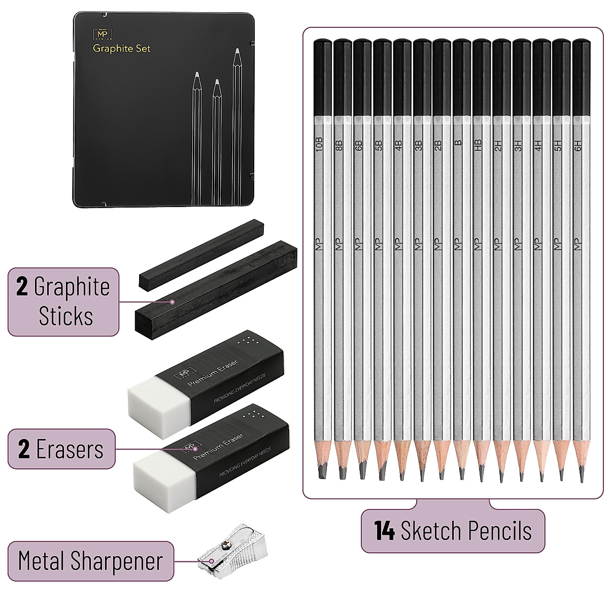 Mr. Pen- Sketch Pencils for Drawing, 19 pcs, Drawing Pencils for Sketching with Graphite Sticks, Erasers and Sharpener, Sketching Pencils, Art Pencils for Sketching, Graphite Pencils,Christmas Gift