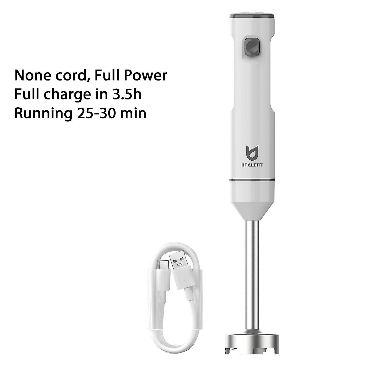 Cordless Hand Blender, UTALENT Variable Speed Immersion Blender Rechargeable, with 500ml Chopper, 600ml container, Egg Whisk, for Smoothies, Baby Food and Soups – White