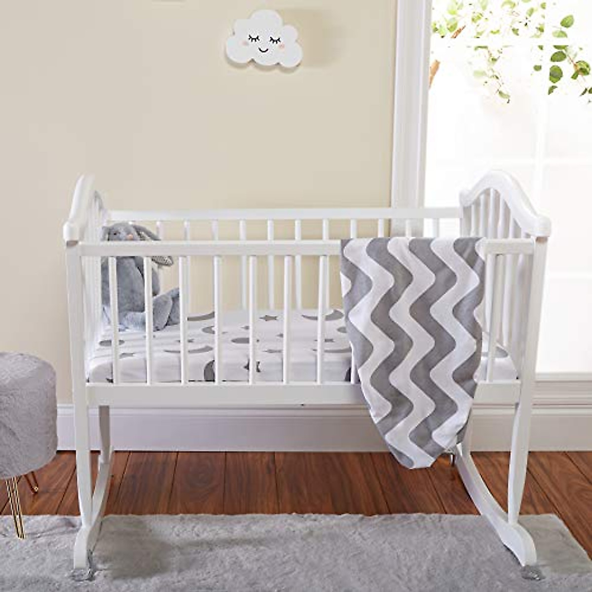 2 Pack Cradle Sheet Set, 100% Cotton Jersey Knit, Breathable Baby Sheet, Fits Cradle Pad/Mattress - Ultra Soft - Gray/White Chevron & Moon Stars Patterns