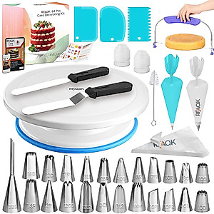 65PCs Cake Decorating Kit Baking Supplies Tools with Non-Slip Cake Turntable-Cake leveler- 24 Numbered Icing Piping Tips, Pattern Chart & EBook- Straight & Angled Spatula-30 Piping Bags- 3 Scraper Set