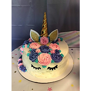 Unicorn Cake Topper with Eyelashes/Gold Unicorn Horn, Ears and Flowers for Birthday Wedding Baby Shower Party Cake Decoration
