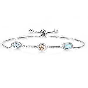 Gem Stone King 925 Sterling Silver Sky Blue Aquamarine Peach Morganite and Created Moissanite Tennis Bracelet For Women By Keren Hanan (1.73 Cttw, Fully Adjustable Up to 9 Inch)