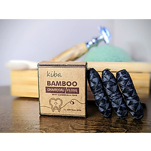 Kiba Bamboo Charcoal Floss 3 Piece Refill Set (3 x 30M Dental Floss Refills) - Eco Friendly Floss w/Candelilla Wax - Mint - Vegan