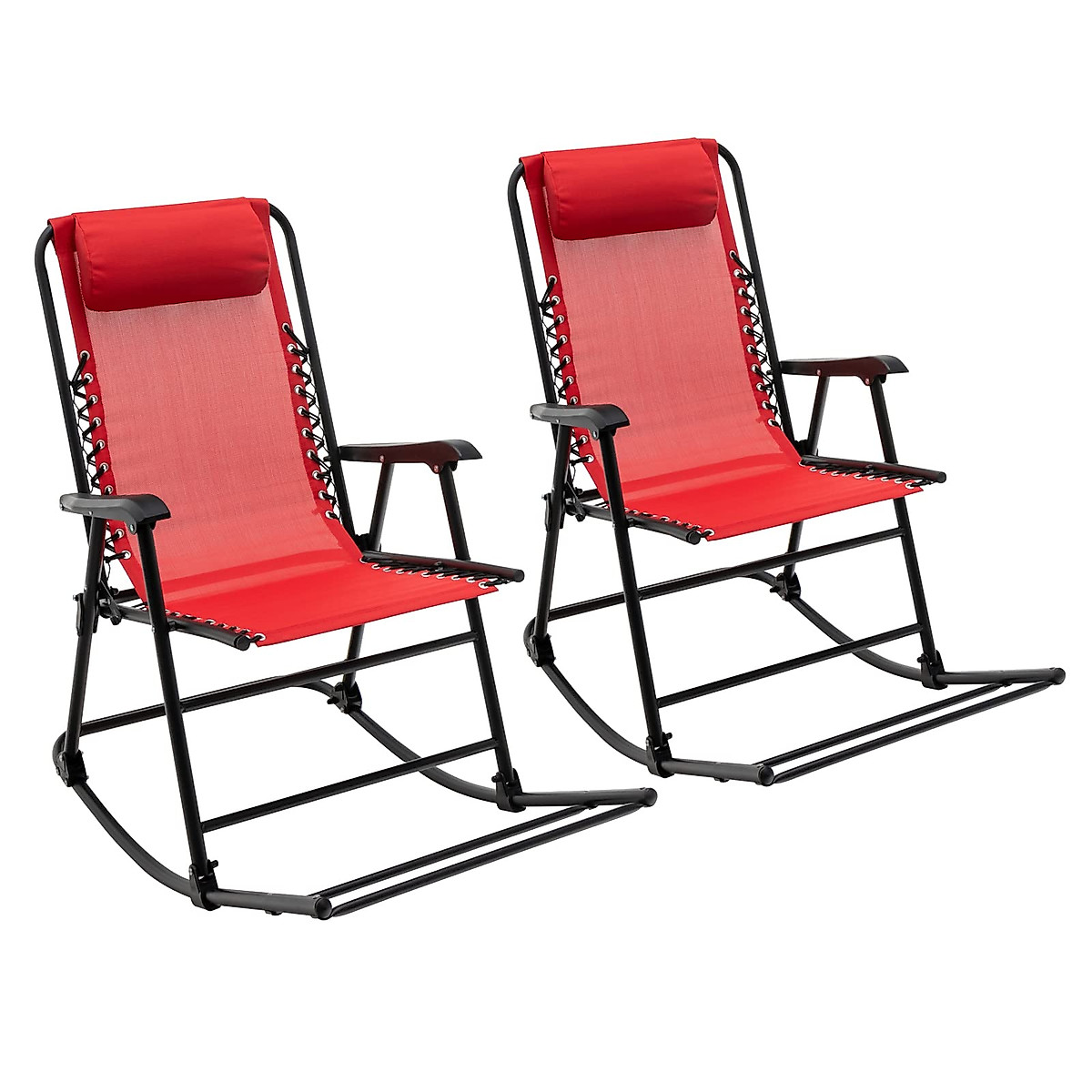 Goplus Folding Rocking Chair, Zero Gravity Rocking Camping Chair with Pillow & Armrests, Folding Lounge Rocker for Outdoor Beach Poolside Yard Garden Indoor (Set of 2, Red)
