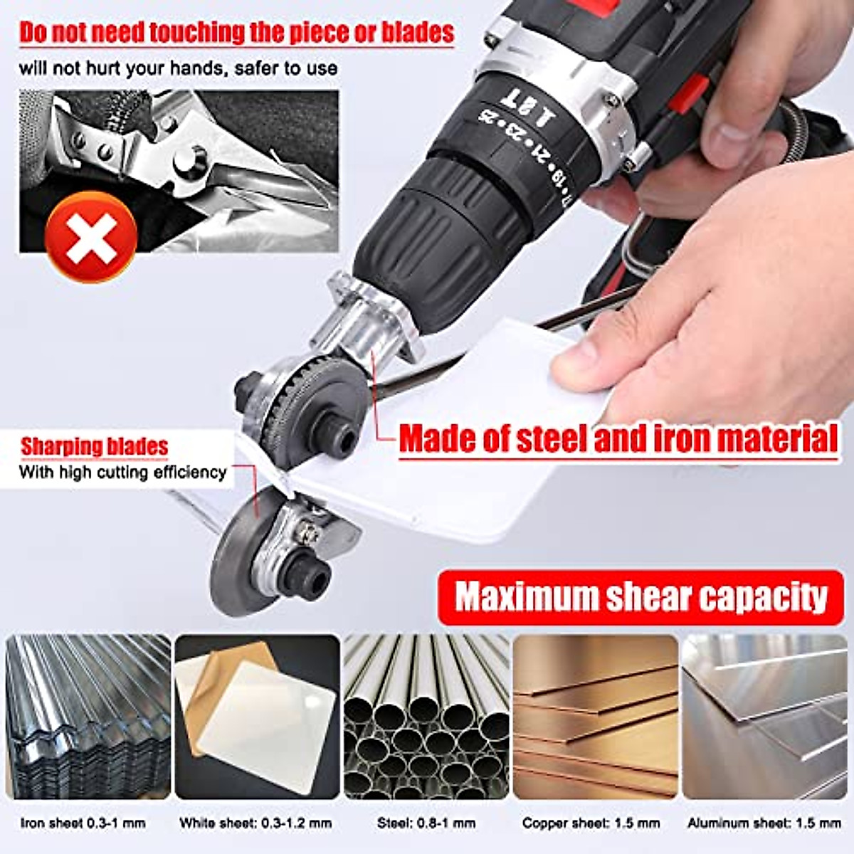 Geevorks Electric Drill Plate Cutter, 2024 New Metal Nibbler Drill Attachment with Adapter 0.8mm, DIY Metal Drill Attachment for Cutting Iron, White Sheet, Steel,Copper, Aluminum