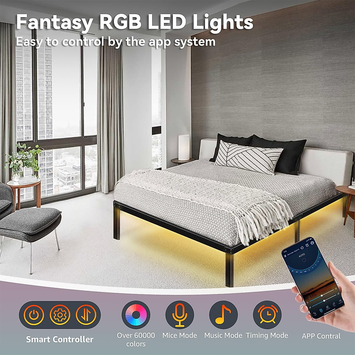 HAAGEEP Metal Queen Bed Frame with Led Lights Queen-Size Platform Bedframe No Box Spring Needed Mattress Frames 14 Inch High