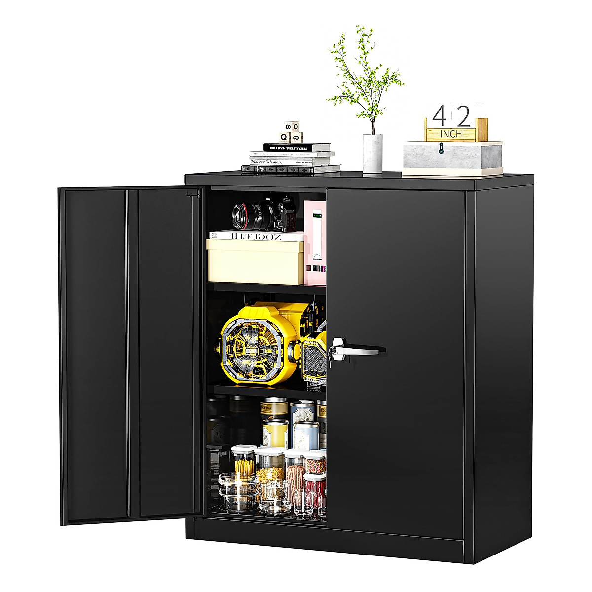 Greenvelly Metal Storage Cabinet, 42”Locking Storage Cabinet with Doors and Shelves, Black Lockable Storage Cabinets for Office, Utility Locker Cabinet, Steel Garage Cabinet with 2 Keys for Home