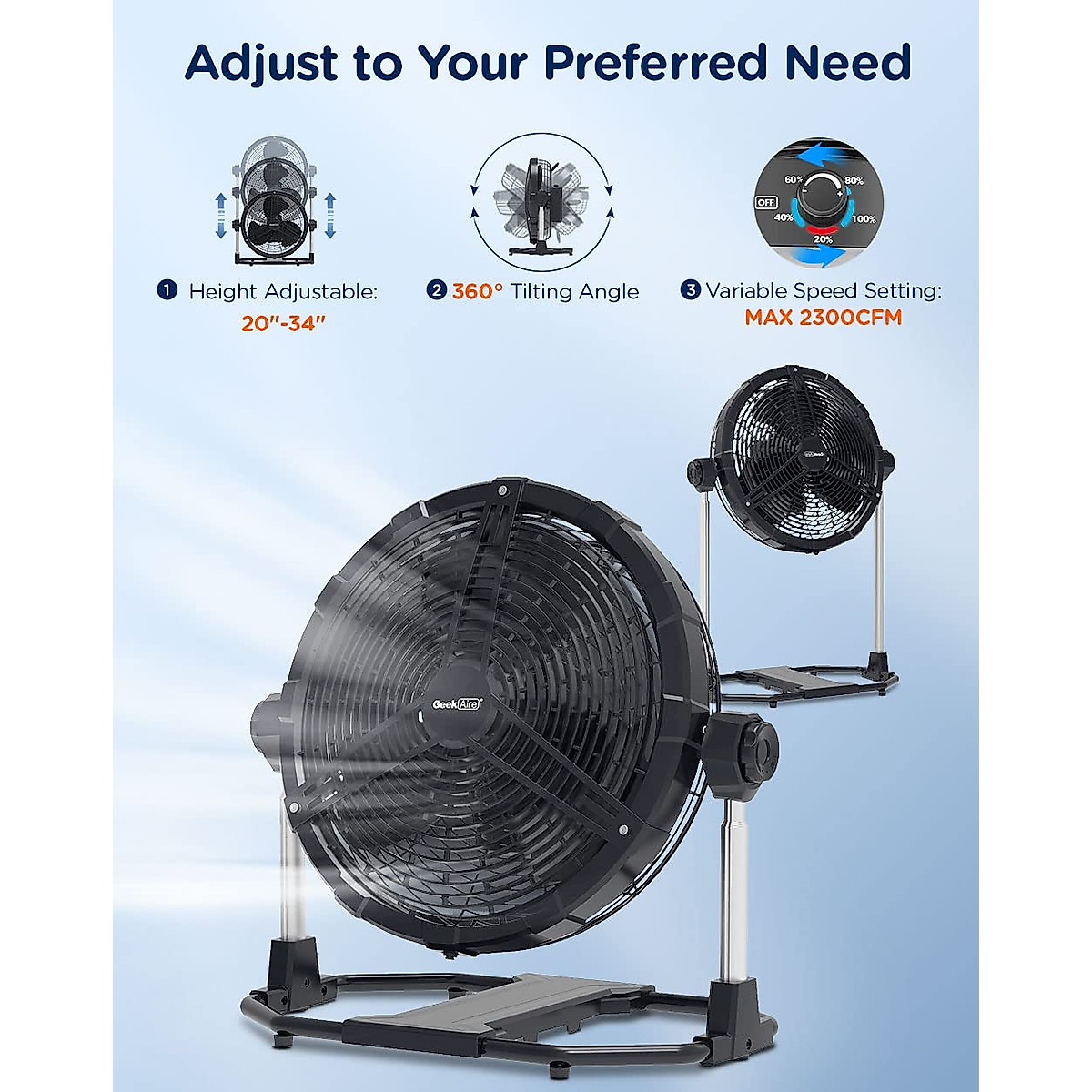 Geek Aire Battery Operated Fan with Adjustable Height and tilt, 16'' Portable Rechargeable High Velocity Misting Floor Fan with Detachable Battery, Up to 10 Hours for Outdoor Patio and Camping Gear