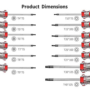 RONMAR 13-Piece Magnetic Torx Screwdrivers Set, Security Tamper Proof, T4、T5、T6、T7、T8、T9、T10、T15、T20、T25、T27、T30、T40 (red)