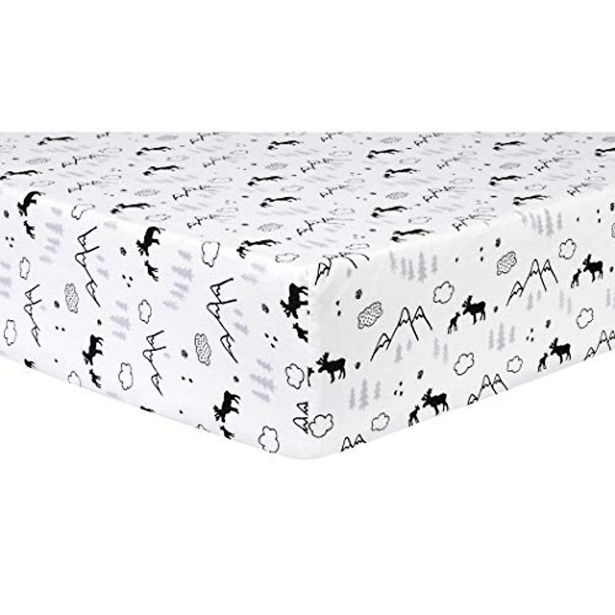 Lumberjack Moose Deluxe Flannel Fitted Crib Sheet-Moose and Mountain Print, Cotton Flannel, Black, Gray, White, Fully Elasticized, 10 in Deep Pockets, Fits Standard Crib Mattress 28 in x 52 in
