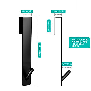 COFTCLMOMT 6.4" Shower Door Hooks, 2-Pack Towel Hooks for Less Than 12mm Frameless Glass Shower Door, Stainless Steel Robe Bathroom Hooks, Bathrobe Hanger (Black)