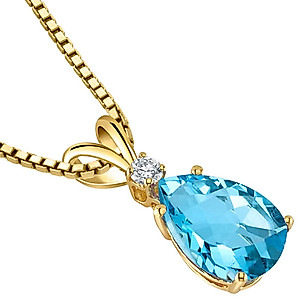 PEORA 14K Yellow Gold Swiss Blue Topaz with Diamond Pendant for Women, Genuine Gemstone Birthstone Elegant Teardrop Solitaire, Pear Shape, 10x7mm, 2.30 Carats total