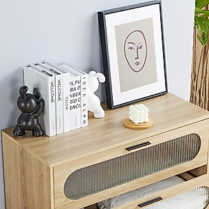 UHMUVFM 3 Drawer Dresser, Small Dresser with Tempered Glass Drawer Design, Modern Wood Dresser for Bedroom, Home Office (Natural)