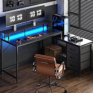 Huuger Reversible L Shaped Computer Desk with Drawers, Gaming Desk with LED Lights and Power Outlets, Office Desk with Storage Shelves, for Home & Office, Black