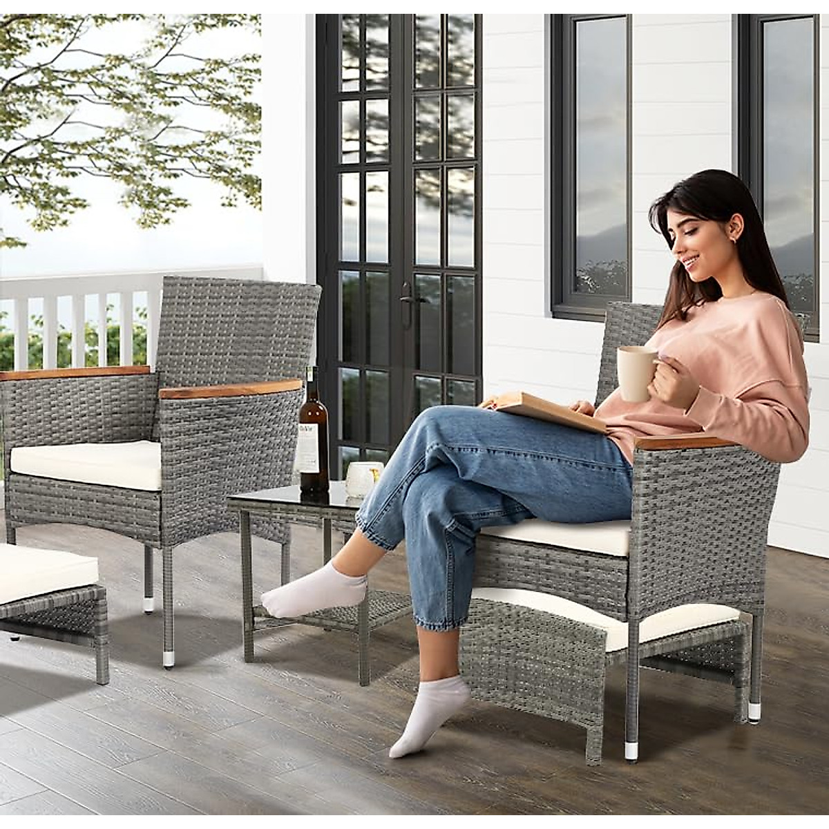 YEEFY Outdoor Patio Furniture Set with Table & Ottoman 5 Piece Patio Conversation Sets Wicker Patio Set for 2 Outdoor Furniture Sets for Yard Backyard Lawn Porch Poolside Balcony, Grey