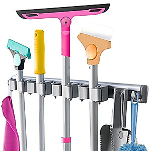 U.S. Solid Mop and Broom Holder, Wall Mounted, 4 Sliding Grippers & 4 Hooks, Garden Tool Organizer, Organize Kitchen, Garage, Laundry, Storage Rooms, 19.6 Inches