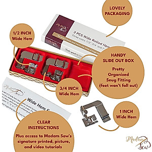 Madam Sew Rolled Hem Presser Foot Set – 3 Piece Wide Hemmer Foot Kit Includes 1/2”, 3/4" and 1” Presser Feet – Compatible with Singer, Brother, Babylock, Euro-Pro, Janome and More