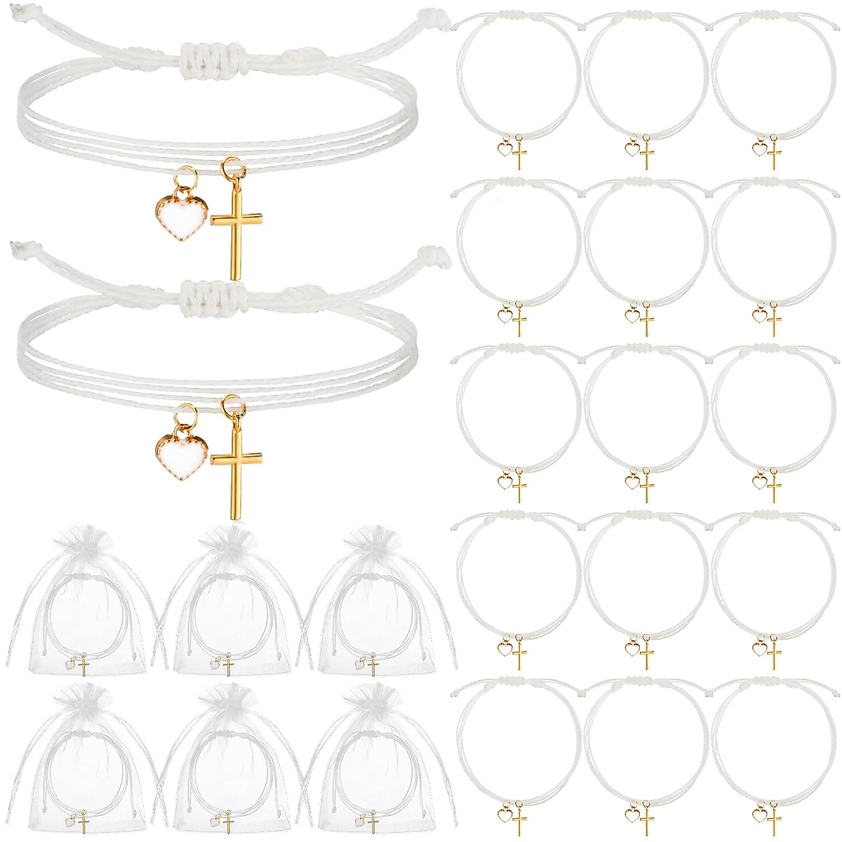 Ferreve 30 Sets Baptism Party Favors Cross Heart Bracelet Bulk with Organza Bag Christian Adjustable Religious Braided Rope for Church Wedding Baby Shower First Communion Sunday School Gifts(Gold)