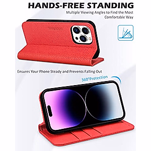 SHIELDON Wallet Case for iPhone 14 Pro 2022, Genuine Leather Folio Case Magnetic Closure RFID Blocking Card Slots Kickstand Full Protection Case Compatible with iPhone 14 Pro 6.1" - Litchi Grain Red
