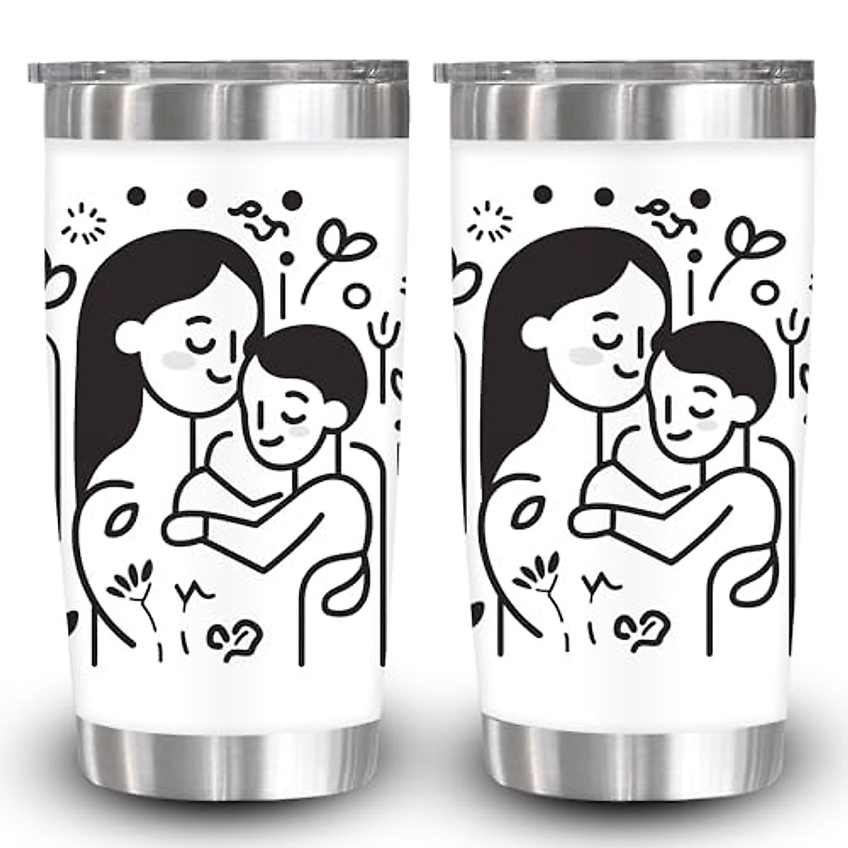 FOCIUZTA 20oz Charming Hand-Drawn Mother and Child with Floral Design Tumbler with lid, Travel Coffee Cup, Ideal for Easter, Mother Day, and birthday gifts