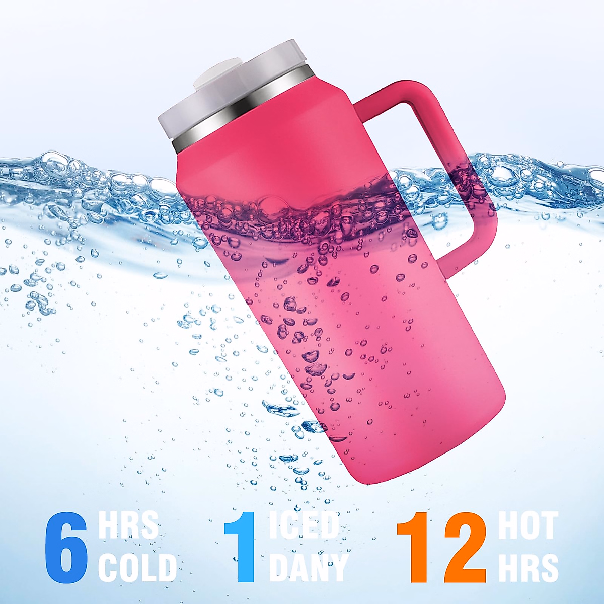 PlanetFlame 64oz Insulated Tumbler with Handle, Stainless Steel Double Wall Vacuumn Water Bottle, Lid and Straw for School, Gym, Hiking & Camping, Hot Pink