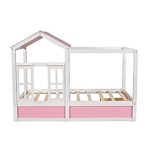 Woanke Twin Size House Bed for Kids, Montessori Playhouse Bed, Solid Wood Twin Platform Bed Frame with Storage Drawers, Roof and Window, Pink