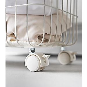 Yamazaki Home Tosca Compact Rolling Laundry Basket Cart - Metal Hamper With Wheels And Handle For Easy Mobility - Space-Saving Storage Solution, 15" - Steel + Wood - 9.2 Gallons, 35L